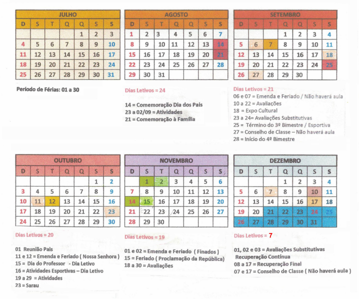Calendário letivo – Colégio Evolucão Mais